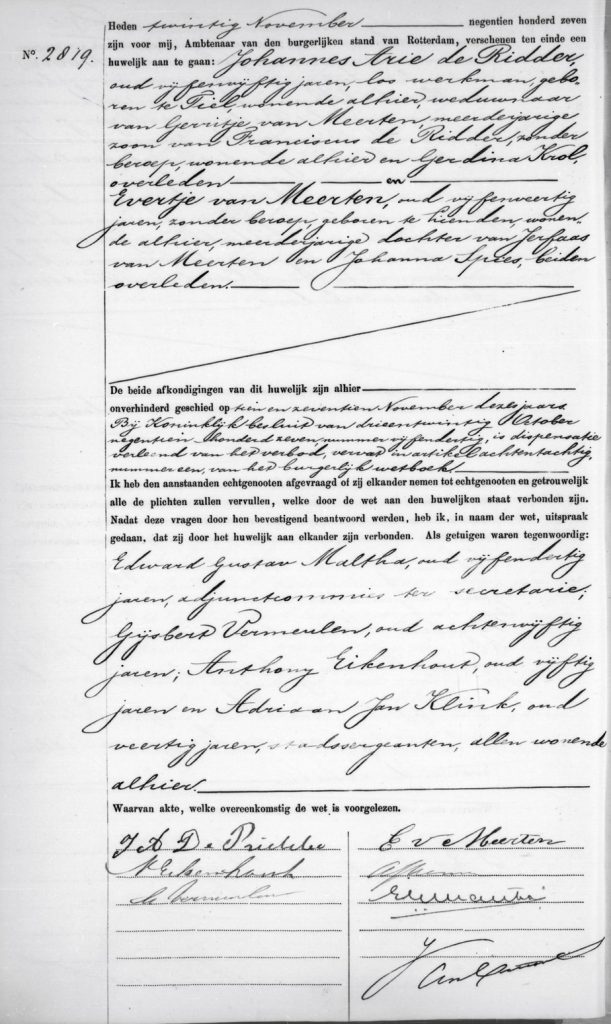 Huwelijksakte van Evertje van Meerten (1862-1942) en Johannes Arie de ...