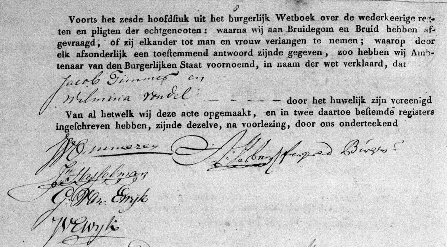 Huwelijksakte van Jacob Timmer (1783-1857) en Willemina Vondel (1787 ...