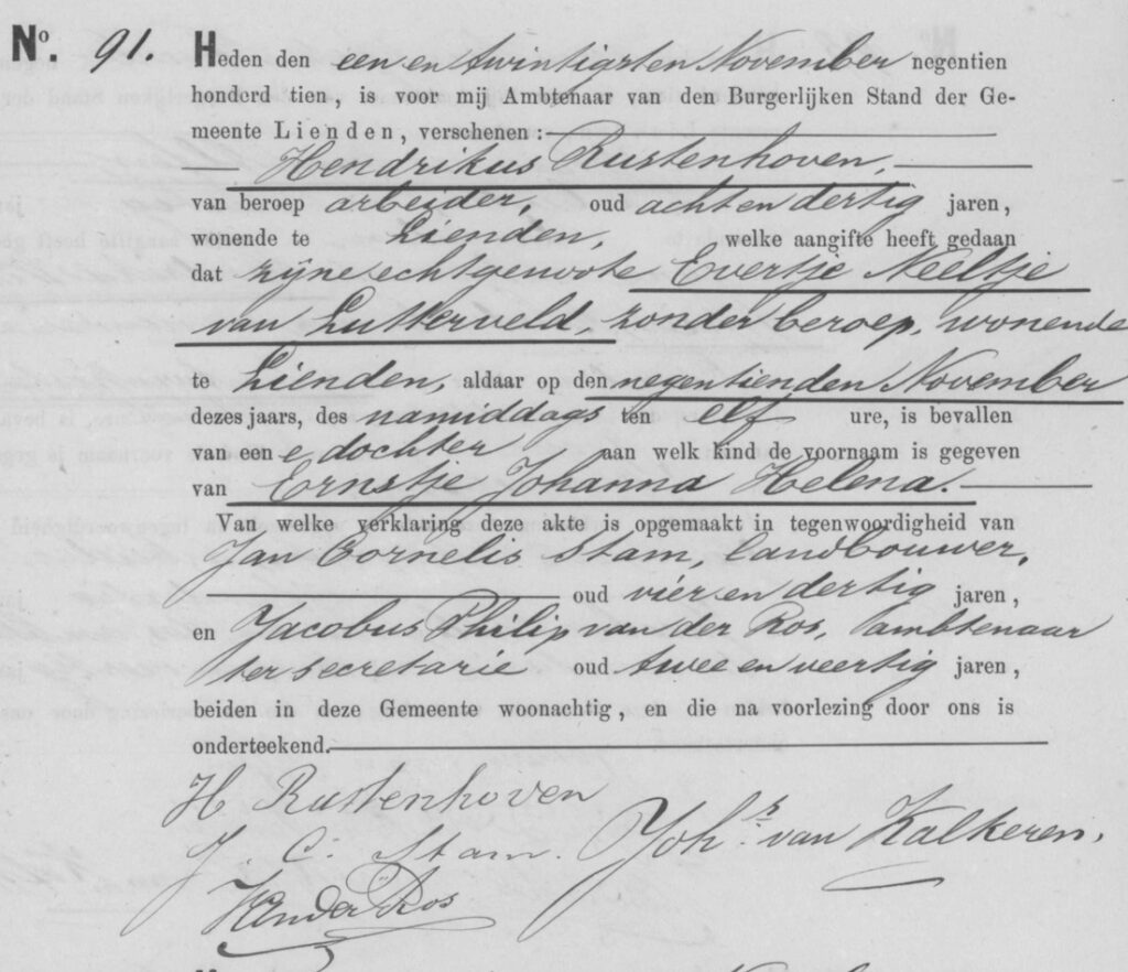 Geboorteakte van Ernstje Johanna Helena Rustenhoven (1910-1999 ...