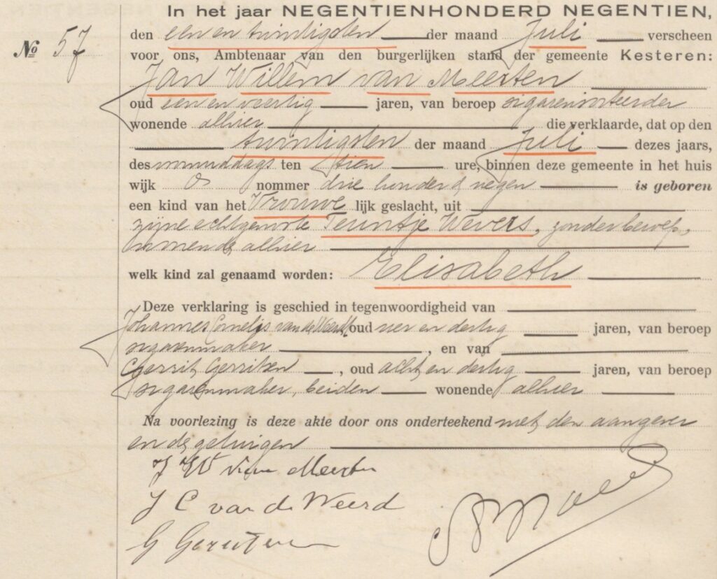 Geboorteakte van Elisabeth van Meerten (1919-1928) - Fundamentum