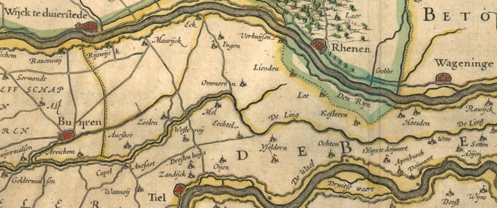 Kaart van Blaeu uit 1645 laat zien hoe het leefgebied van de Betuwse ...