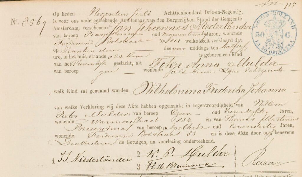 Geboorteakte van Wilhelmina Frederika Johanna Niederländer (1893 ...