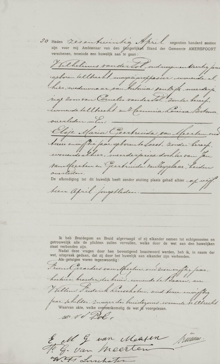 Huwelijksakte van Elsje Maria Geertruida van Meerten (1864-1952) en Wilhelmus van der Pol (1866 ...