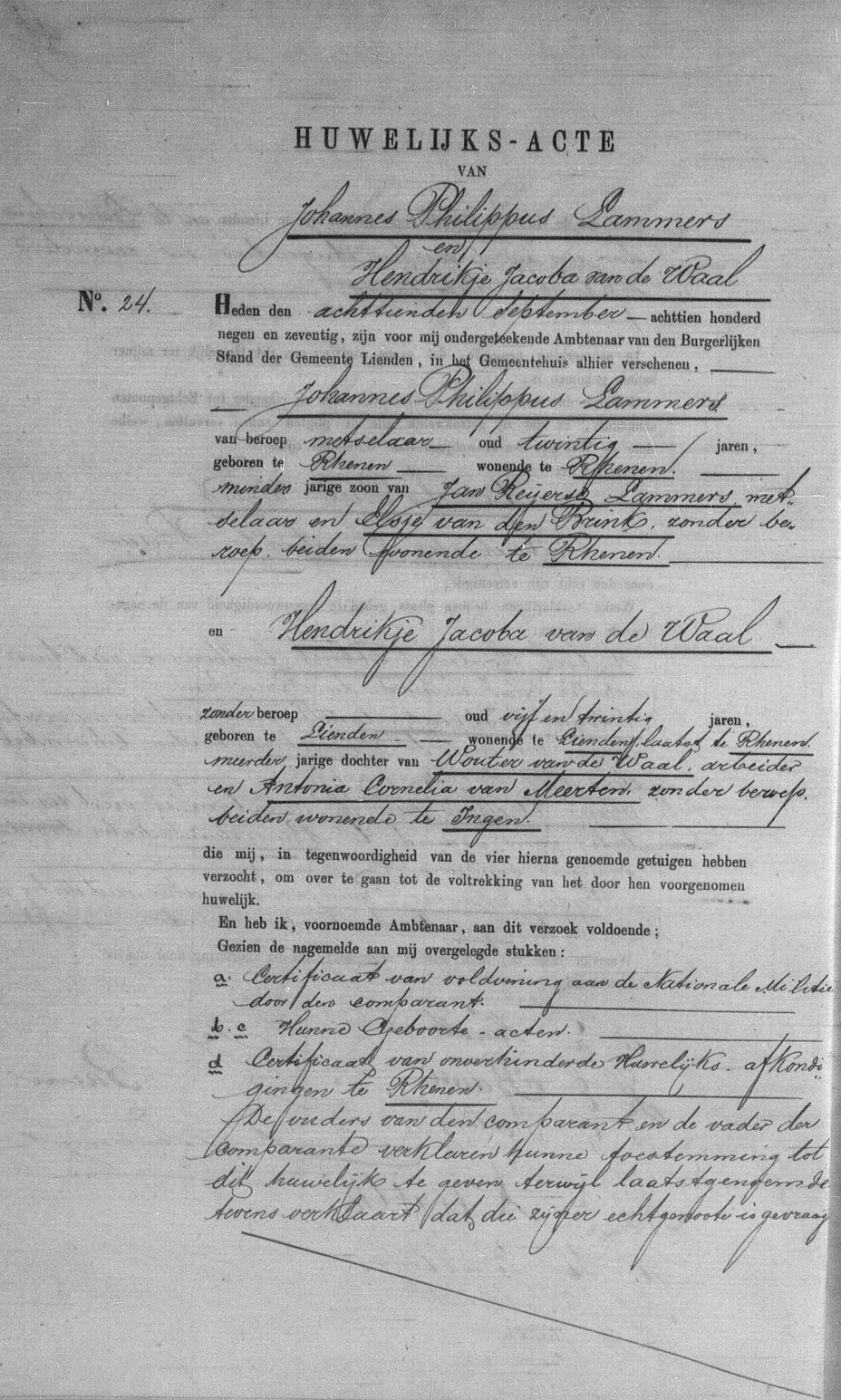 Huwelijksakte van Hendrikje Jacoba van de Waal (1854-1935) en Johannes ...